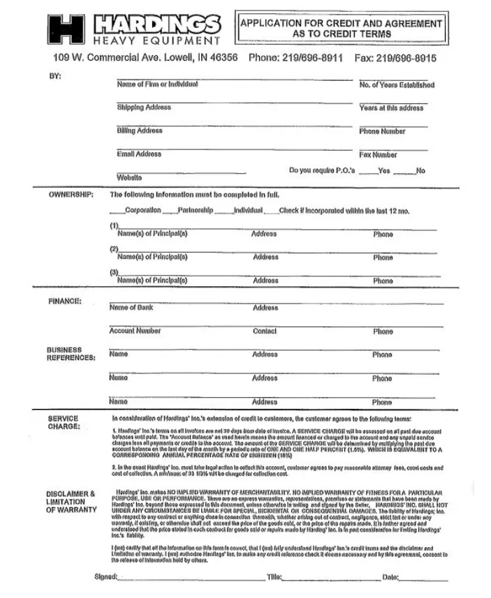 Hardings Credit Application - Heavy Equipment Sale