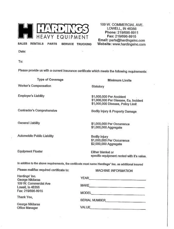 Equipment Insurance Requirements - Workers Insurance Form