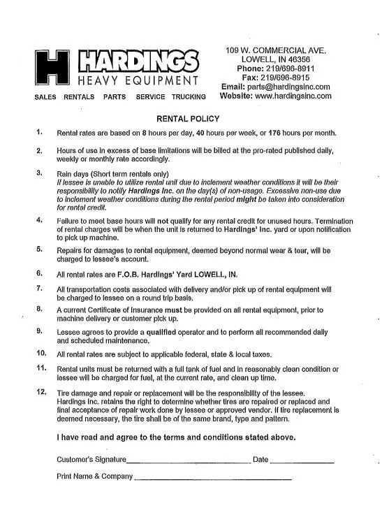 Construction Equipment Rental Policy