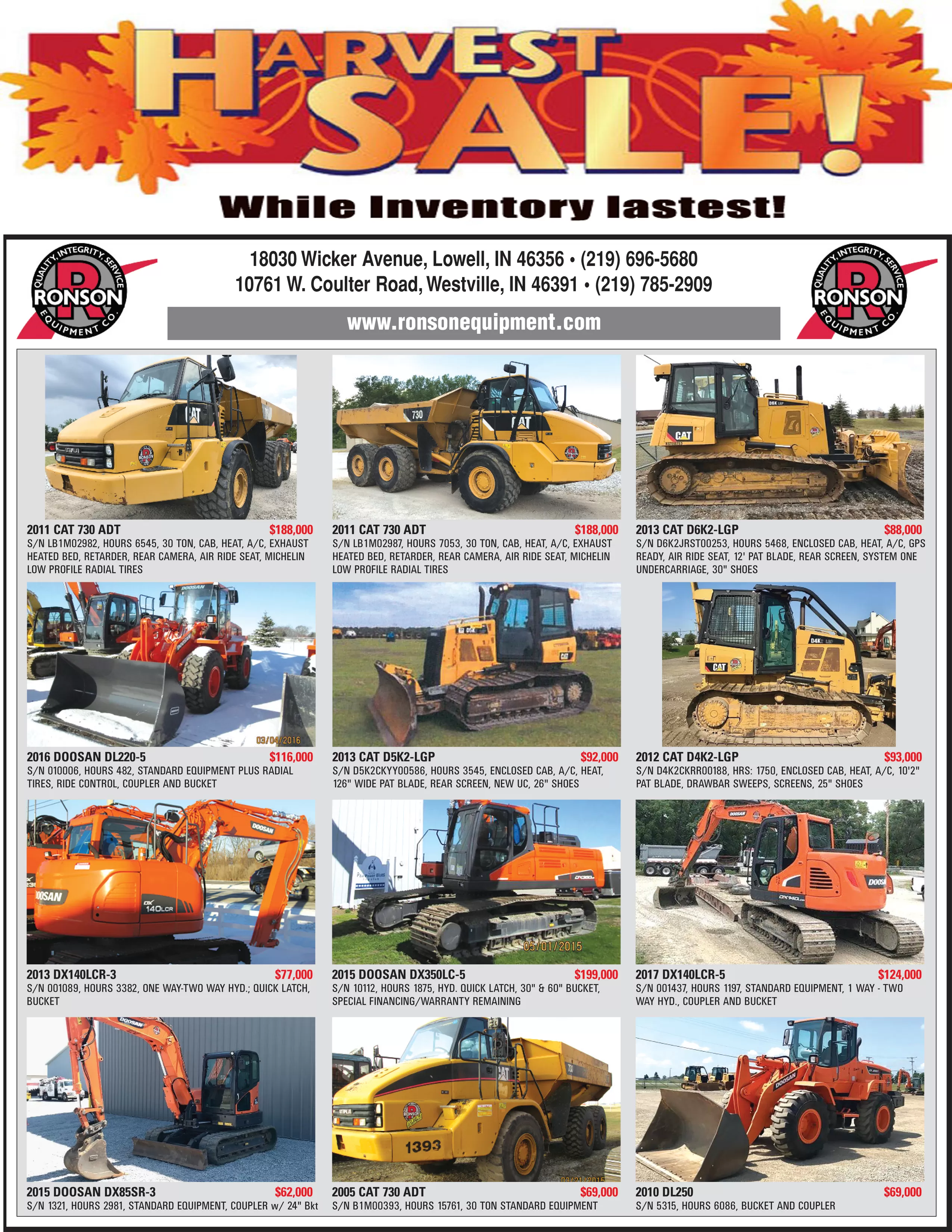 Ronson Equipment, Lowell, IN; Westville, IN; New Holland, Kobelco ...